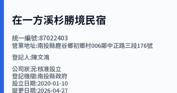 在一方溪杉勝境民宿的照片-統編 87022403(南投縣) 公司登記資料與營業項目詳細圖表