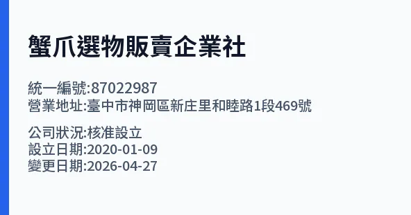 蟹爪選物販賣企業社的照片-統編 87022987(臺中市) 公司登記資料與營業項目詳細圖表