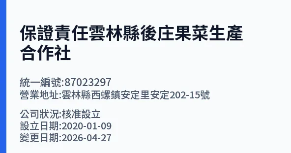 保證責任雲林縣後庄果菜生產合作社的照片-統編 87023297(雲林縣) 公司登記資料與營業項目詳細圖表