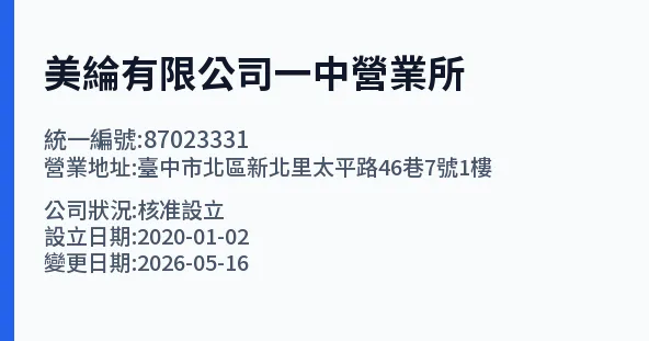 美綸有限公司一中營業所的照片-統編 87023331(臺中市) 公司登記資料與營業項目詳細圖表