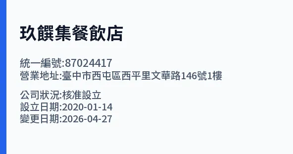 玖饌集餐飲店的照片-統編 87024417(臺中市) 公司登記資料與營業項目詳細圖表