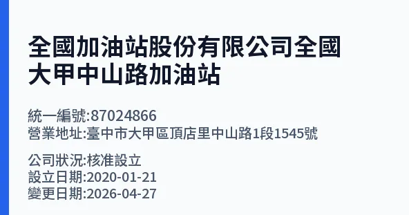 全國加油站股份有限公司全國大甲中山路加油站的照片-統編 87024866(臺中市) 公司登記資料與營業項目詳細圖表