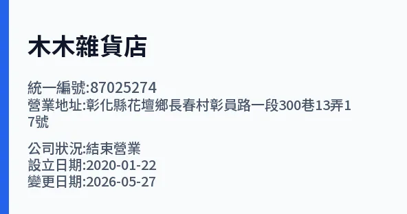 木木雜貨店的照片-統編 87025274(彰化縣) 公司登記資料與營業項目詳細圖表