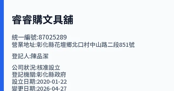 睿睿購文具舖的照片-統編 87025289(彰化縣) 公司登記資料與營業項目詳細圖表