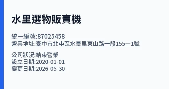 水里選物販賣機的照片-統編 87025458(臺中市) 公司登記資料與營業項目詳細圖表