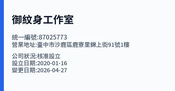 御紋身工作室的照片-統編 87025773(臺中市) 公司登記資料與營業項目詳細圖表