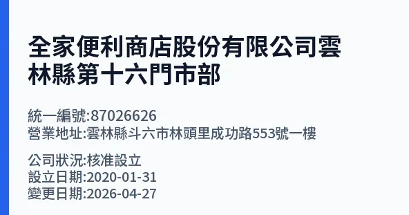 全家便利商店股份有限公司雲林縣第十六門市部的照片-統編 87026626(雲林縣) 公司登記資料與營業項目詳細圖表