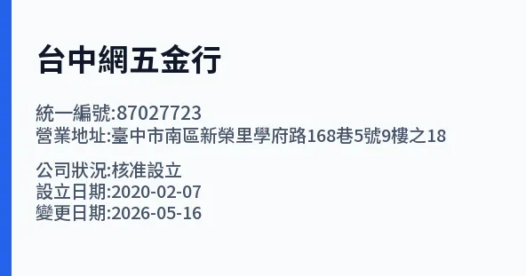 台中網五金行的照片-統編 87027723(臺中市) 公司登記資料與營業項目詳細圖表