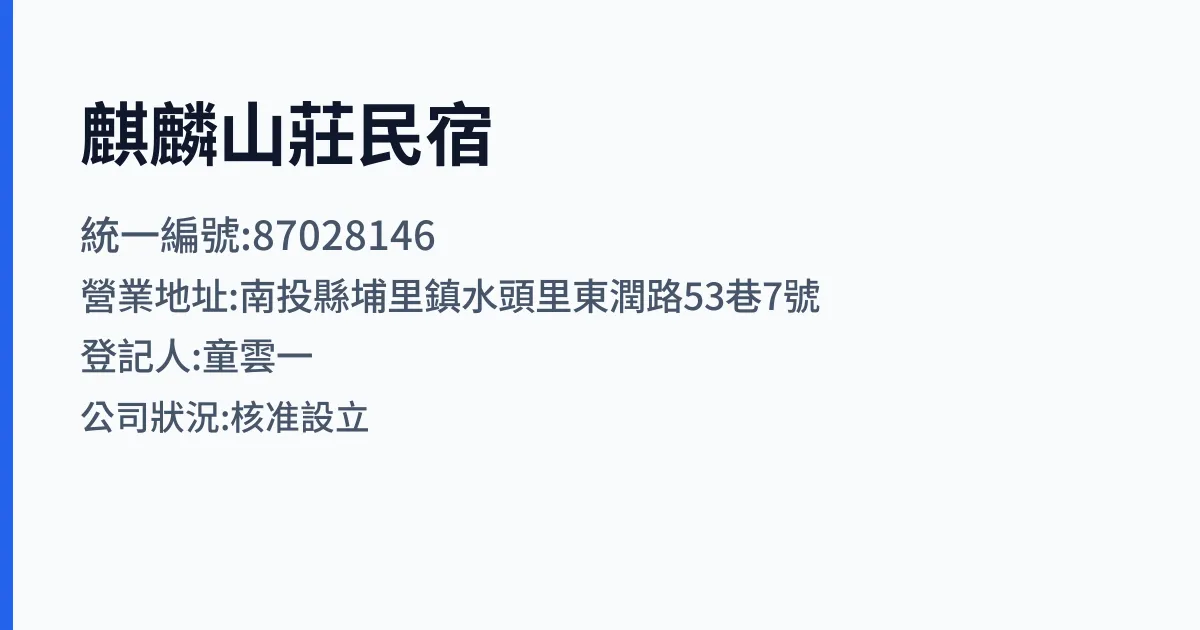 麒麟山莊民宿 - 統編 87028146(南投縣) 公司登記資料與營業項目詳細圖表