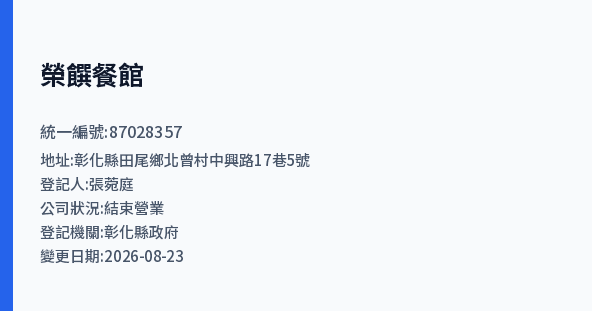 榮饌餐館的照片-統編 87028357(彰化縣) 公司登記資料與營業項目詳細圖表