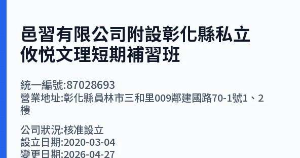 邑習有限公司附設彰化縣私立攸悦文理短期補習班的照片-統編 87028693(彰化縣) 公司登記資料與營業項目詳細圖表