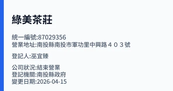 綠美茶莊的照片-統編 87029356(南投縣) 公司登記資料與營業項目詳細圖表