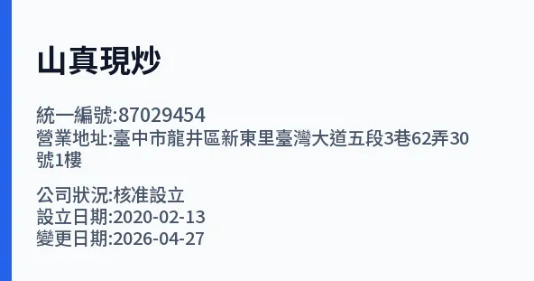 山真現炒的照片-統編 87029454(臺中市) 公司登記資料與營業項目詳細圖表