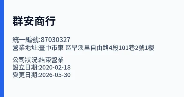群安商行的照片-統編 87030327(臺中市) 公司登記資料與營業項目詳細圖表