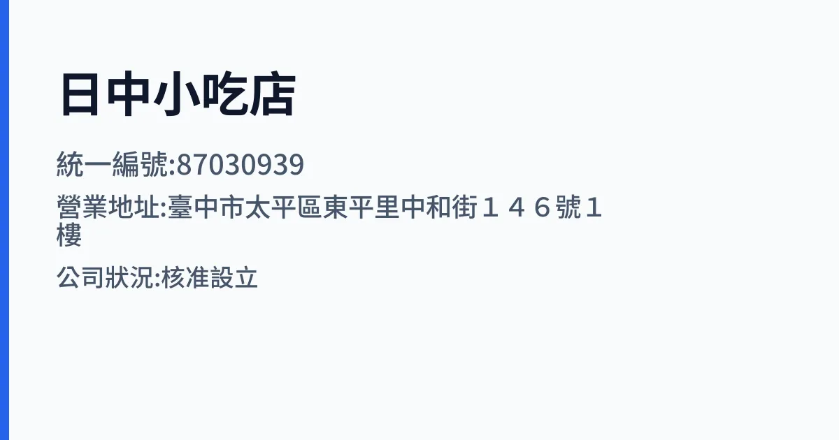 日中小吃店 - 統編 87030939(臺中市) 公司登記資料與營業項目詳細圖表