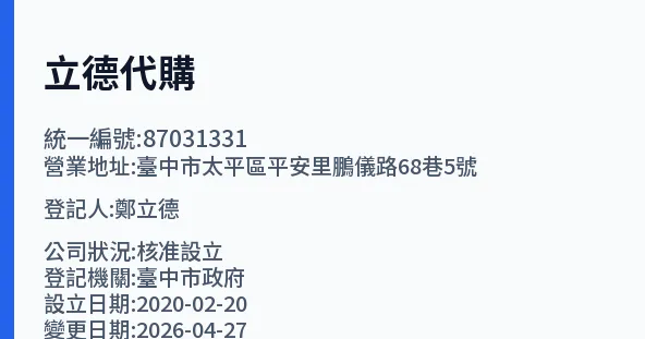 立德代購的照片-統編 87031331(臺中市) 公司登記資料與營業項目詳細圖表