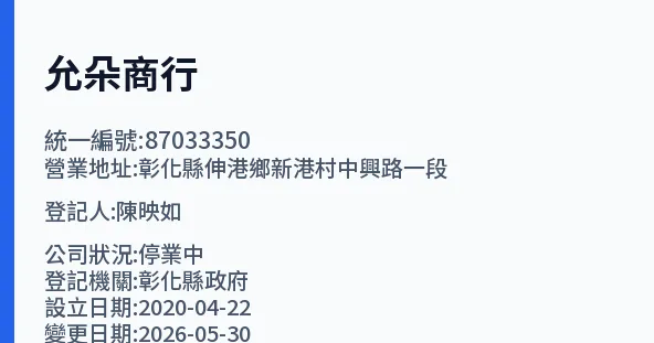 允朵商行的照片-統編 87033350(彰化縣) 公司登記資料與營業項目詳細圖表