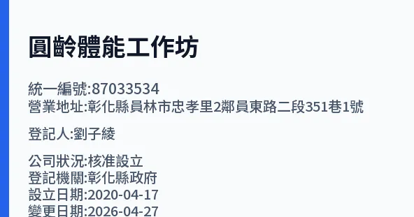圓齡體能工作坊的照片-統編 87033534(彰化縣) 公司登記資料與營業項目詳細圖表