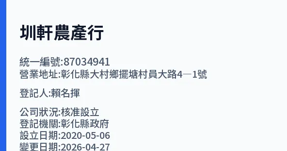 圳軒農產行的照片-統編 87034941(彰化縣) 公司登記資料與營業項目詳細圖表