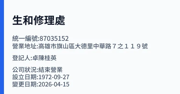 生和修理處的照片-統編 87035152(高雄市) 公司登記資料與營業項目詳細圖表