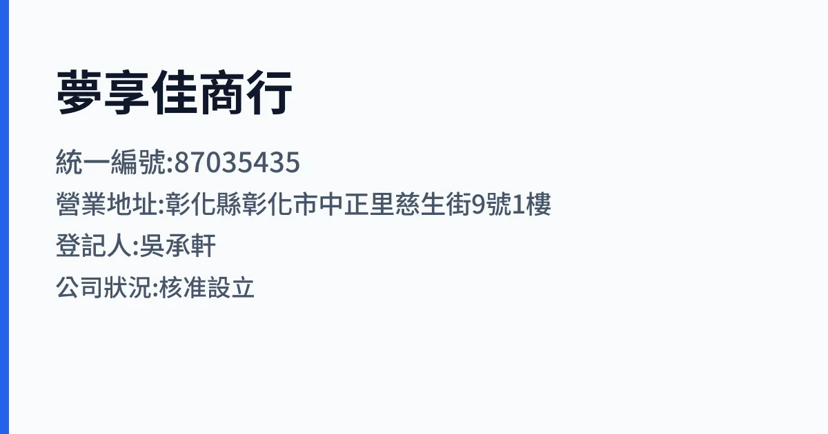 夢享佳商行 - 統編 87035435(彰化縣) 公司登記資料與營業項目詳細圖表