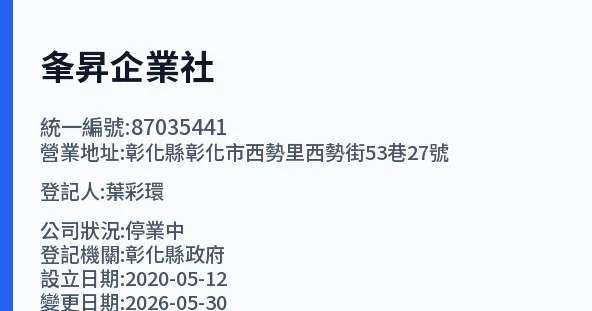 夆昇企業社的照片-統編 87035441(彰化縣) 公司登記資料與營業項目詳細圖表