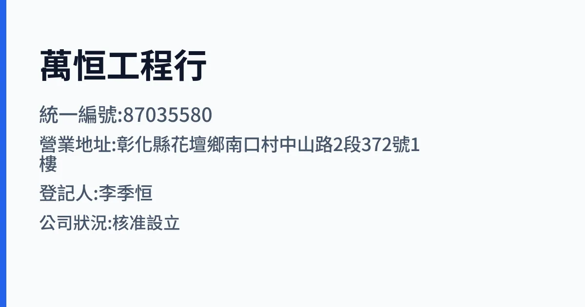 萬恒工程行 - 統編 87035580(彰化縣) 公司登記資料與營業項目詳細圖表