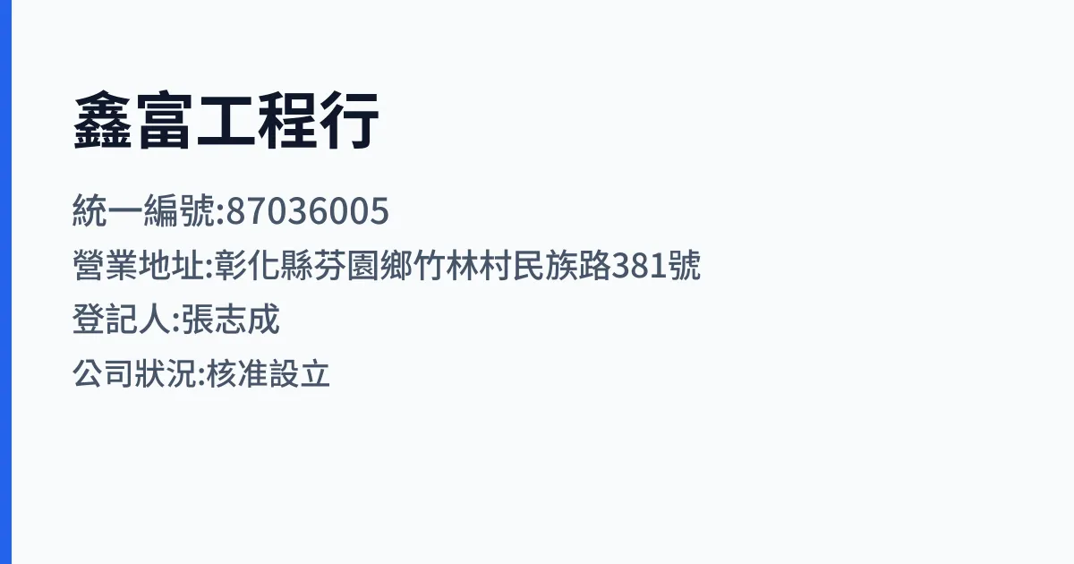 鑫富工程行 - 統編 87036005(彰化縣) 公司登記資料與營業項目詳細圖表