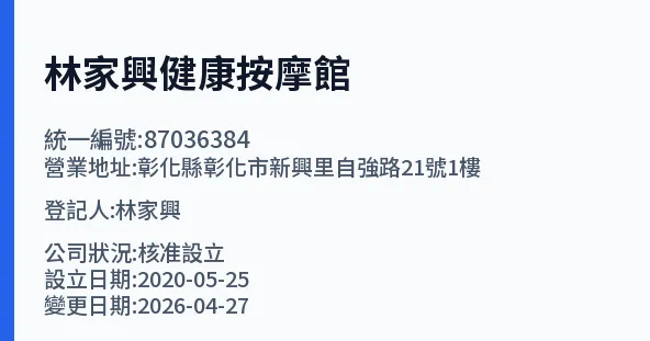 林家興健康按摩館的照片-統編 87036384(彰化縣) 公司登記資料與營業項目詳細圖表