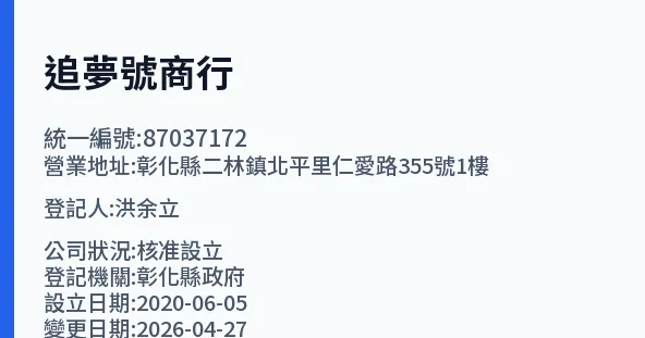 追夢號商行的照片-統編 87037172(彰化縣) 公司登記資料與營業項目詳細圖表