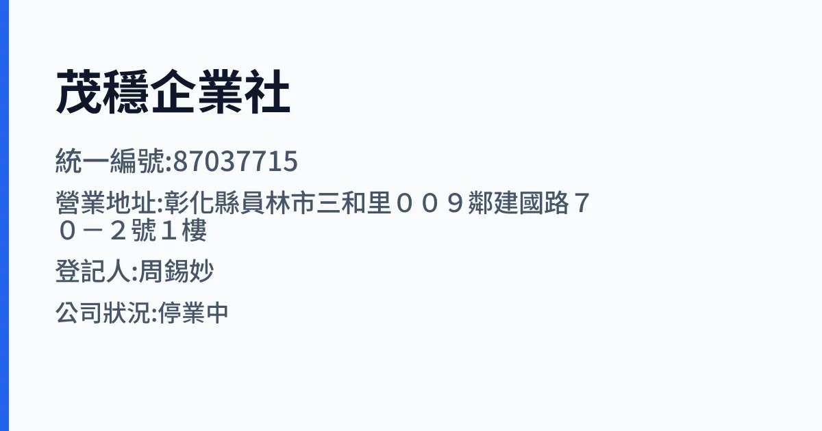 茂穩企業社 - 統編 87037715(彰化縣) 公司登記資料與營業項目詳細圖表