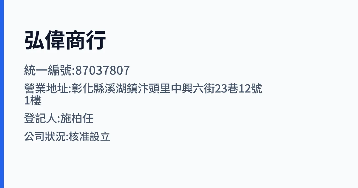弘偉商行 - 統編 87037807(彰化縣) 公司登記資料與營業項目詳細圖表