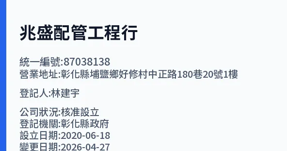 兆盛配管工程行的照片-統編 87038138(彰化縣) 公司登記資料與營業項目詳細圖表