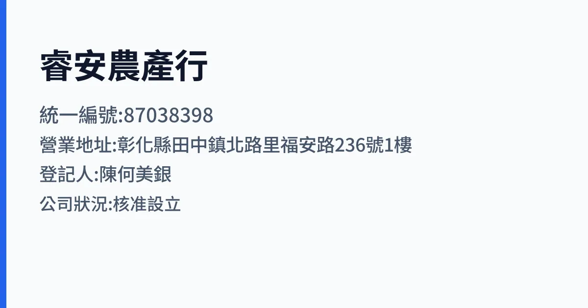 睿安農產行 - 統編 87038398(彰化縣) 公司登記資料與營業項目詳細圖表