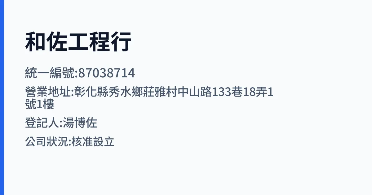 和佐工程行 - 統編 87038714(彰化縣) 公司登記資料與營業項目詳細圖表