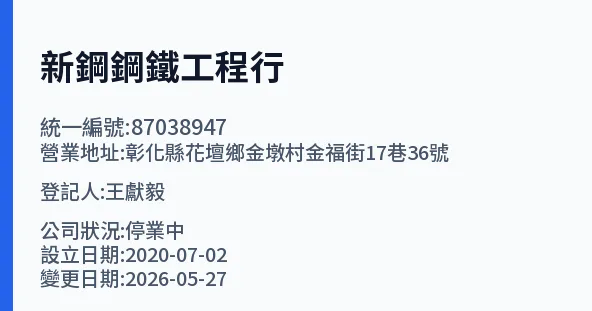 新鋼鋼鐵工程行的照片-統編 87038947(彰化縣) 公司登記資料與營業項目詳細圖表