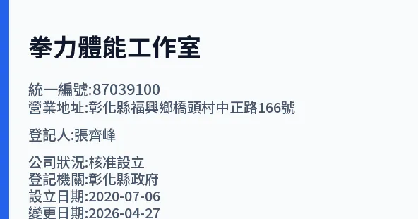 拳力體能工作室的照片-統編 87039100(彰化縣) 公司登記資料與營業項目詳細圖表
