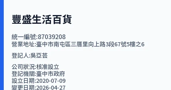 豐盛生活百貨的照片-統編 87039208(臺中市) 公司登記資料與營業項目詳細圖表