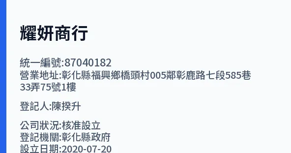 耀妍商行的照片-統編 87040182(彰化縣) 公司登記資料與營業項目詳細圖表