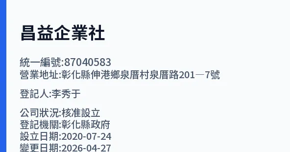 昌益企業社的照片-統編 87040583(彰化縣) 公司登記資料與營業項目詳細圖表