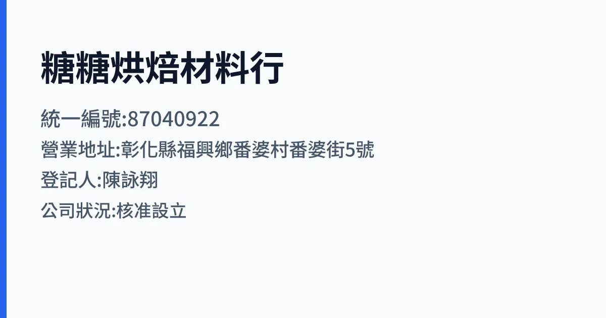 糖糖烘焙材料行 - 統編 87040922(彰化縣) 公司登記資料與營業項目詳細圖表