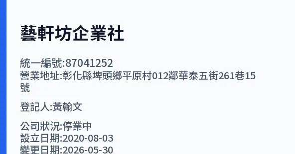 藝軒坊企業社的照片-統編 87041252(彰化縣) 公司登記資料與營業項目詳細圖表