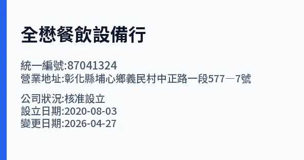 全懋餐飲設備行的照片-統編 87041324(彰化縣) 公司登記資料與營業項目詳細圖表