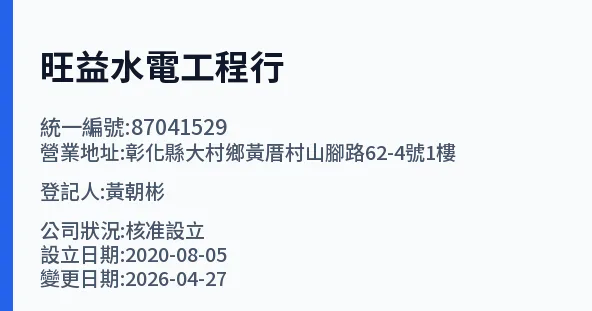 旺益水電工程行的照片-統編 87041529(彰化縣) 公司登記資料與營業項目詳細圖表