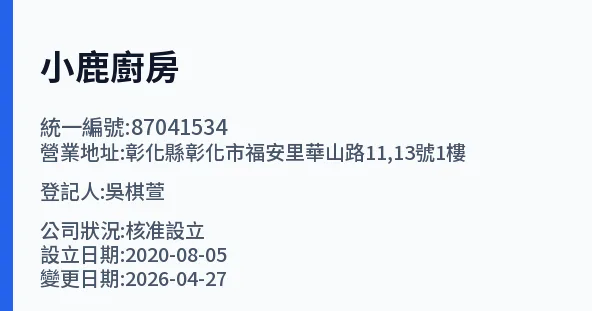 小鹿廚房的照片-統編 87041534(彰化縣) 公司登記資料與營業項目詳細圖表