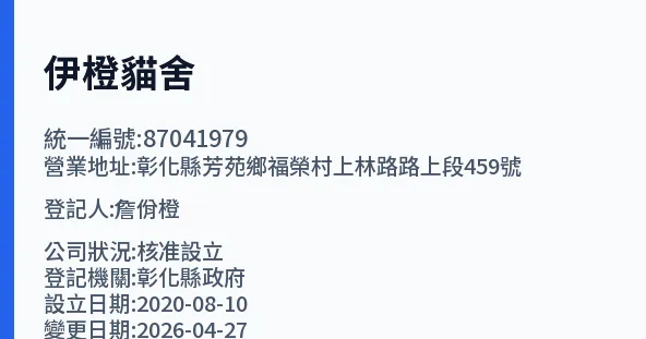 伊橙貓舍的照片-統編 87041979(彰化縣) 公司登記資料與營業項目詳細圖表