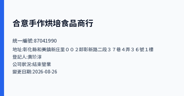 合意手作烘培食品商行的照片-統編 87041990(彰化縣) 公司登記資料與營業項目詳細圖表