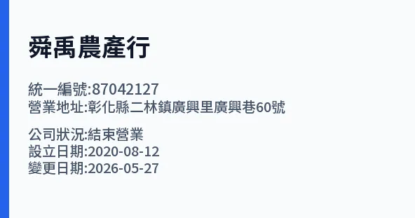 舜禹農產行的照片-統編 87042127(彰化縣) 公司登記資料與營業項目詳細圖表