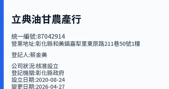 立典油甘農產行的照片-統編 87042914(彰化縣) 公司登記資料與營業項目詳細圖表