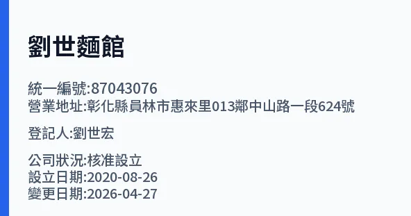 劉世麵館的照片-統編 87043076(彰化縣) 公司登記資料與營業項目詳細圖表